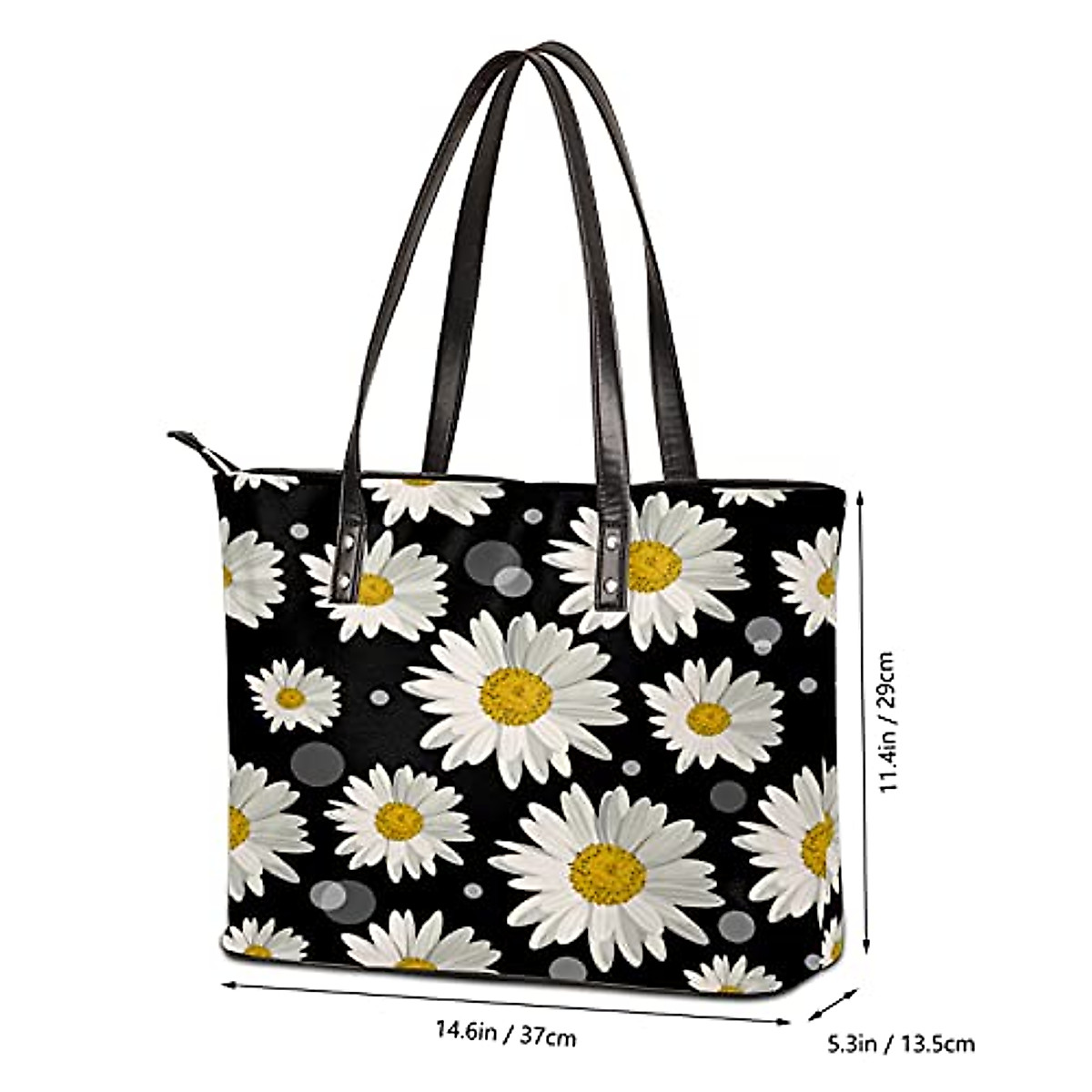 Leather Tote Shoulder Bags for Womens Flower Floral Daisy Handbags Large Capacity with Zipper for Work Travel School Dating Lightweight Water Resistant Hobo Bag