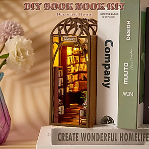Book Nook Kit, DIY Miniature Dollhouse Booknook Kit, 3D Wooden Puzzle Bookend Bookshelf Insert Decor with LED Light for Adults and Teens, Gifts for Family and Friends (Library)