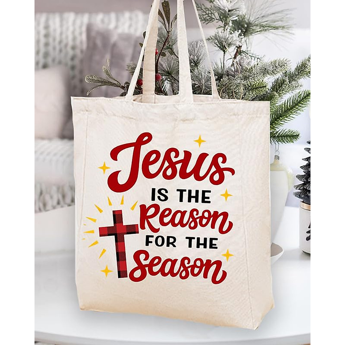 Jesus Is The Reason For The Season Christmas Canvas Tote Bag for Women & Men Reusable Grocery Shopping Bag For Christmas Gift