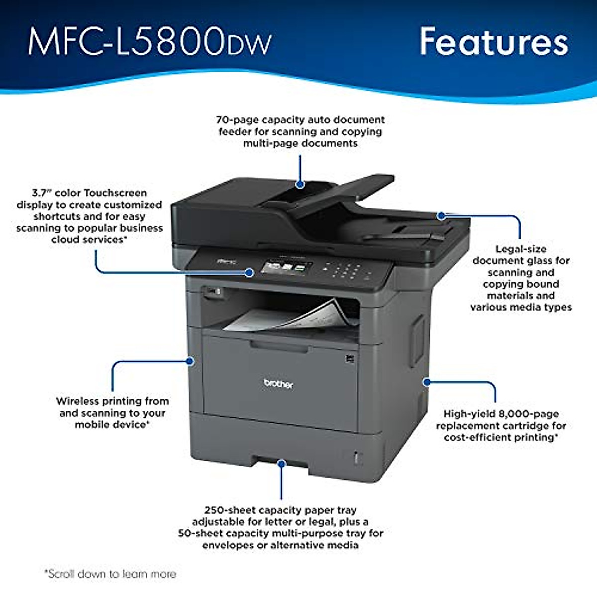 Brother Monochrome Laser Printer, Multifunction Printer, All-in-One Printer, MFC-L5800DW, Wireless Networking, Mobile Printing & Scanning, Duplex Printing, Amazon Dash Replenishment Ready