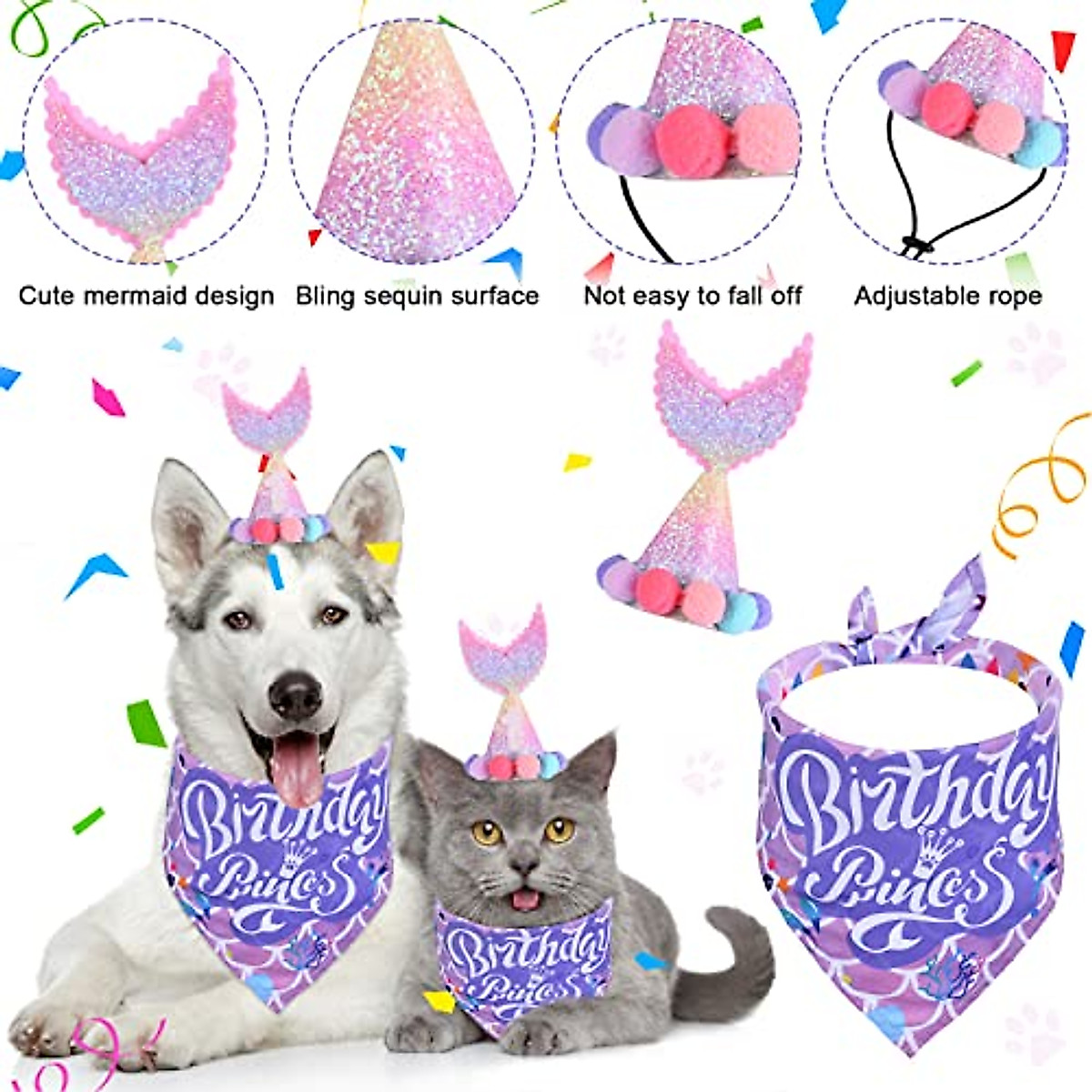 Cute Dog Birthday Party Supplies, Boy Girl Dog Birthday Bandana Scarf and Dog Birthday Hat with Number (Mermaid, Large)