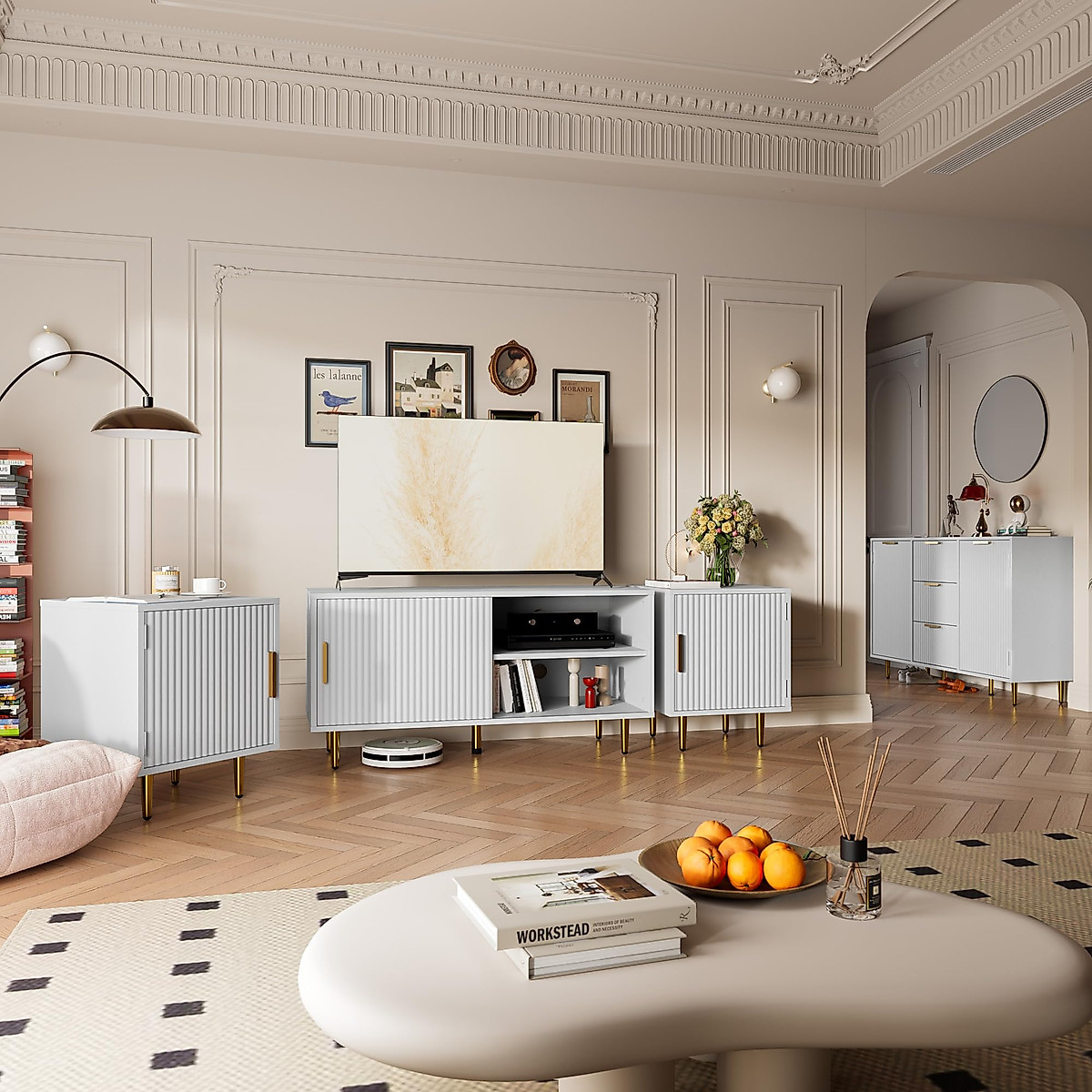 Cozy Castle 47.2" Buffet Cabinet, Large Coffee Bar Cabinet, Glossy Fluted Accent Sideboard with Adjustable Shelves, Credenza with Doors and Drawers for Living Room, Hallway, Kitchen, White