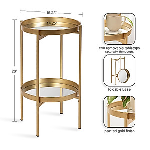 Kate and Laurel Celia Transitional Round Accent Tray Table with Magnetic Removable Tops and Foldable Base, 16x16x25, Gold