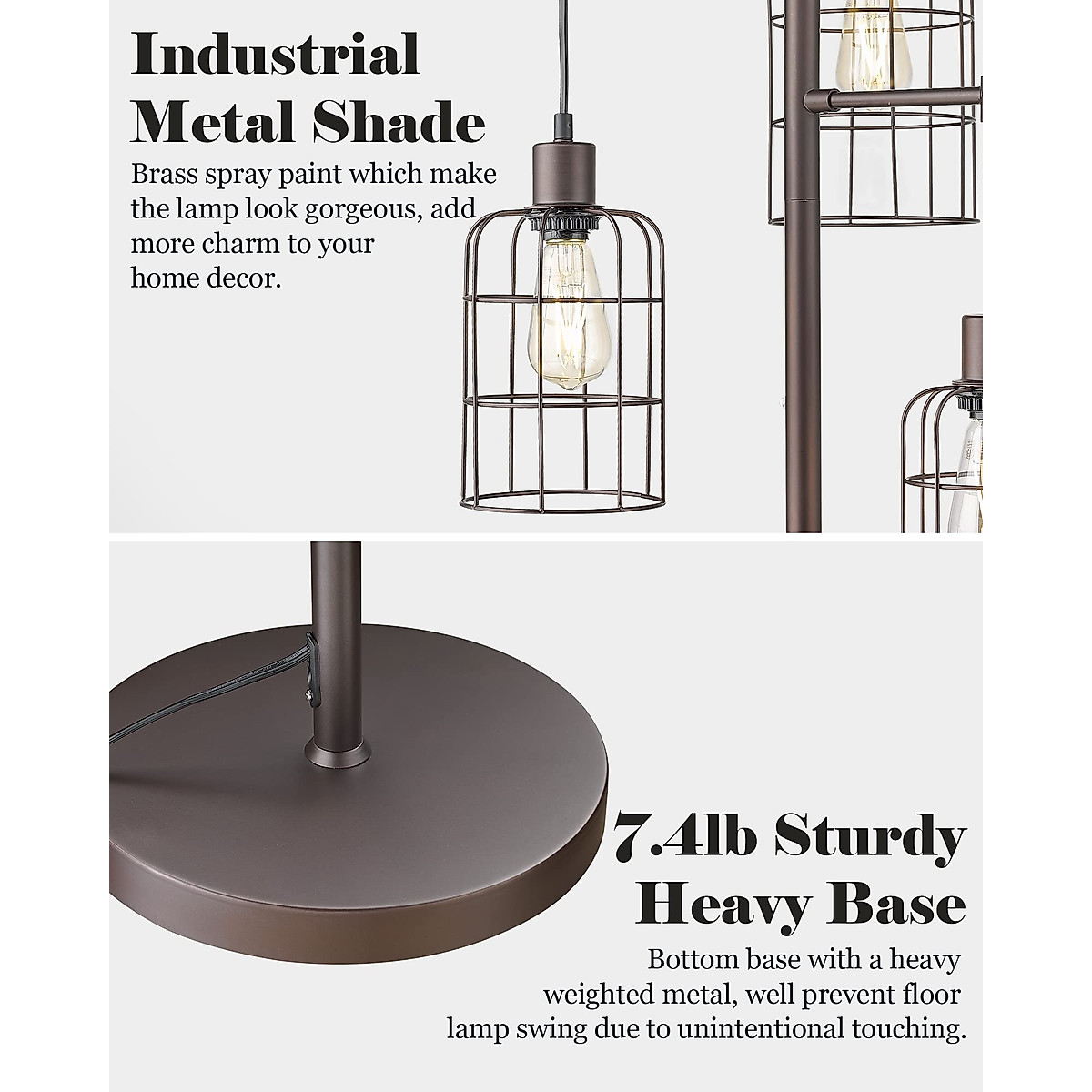 ELYONA Upgraded Industrial Dimmable Floor Lamp & Wood Desk Lamp with Wireless Charging & USB Port, Swing Arm, LED Bedside Table Lamp for Bedroom, Adjustable Reading Task Lights for College Dorm