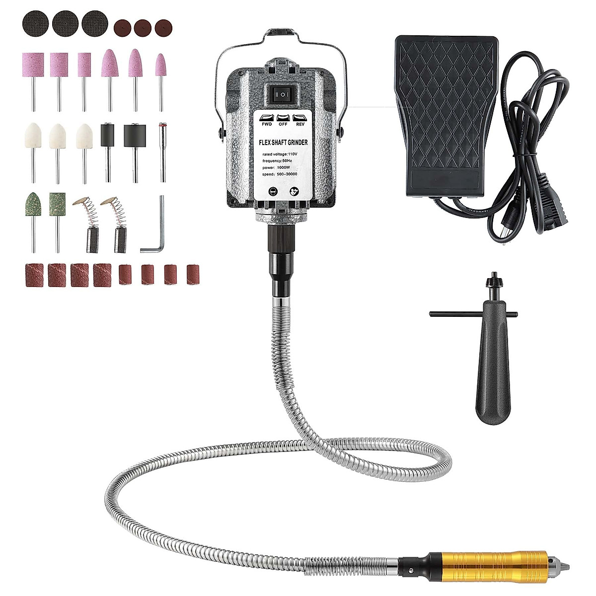 FlySkip Flex Shaft Rotary Tool 1000W 30000RPM,Flex Shaft Hanging Grinder Carver with Forward and Reverse Rotation, Multi-function Metalworking with Foot Pedal Control for Carving Buffing (1000W)