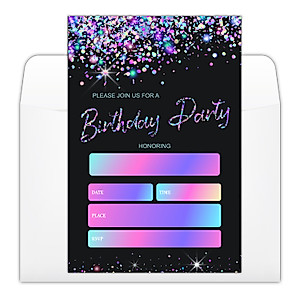 YUEXLL Black and Glitter Birthday Party Invitations Cards with Envelopes, Modern Party Invitations, Birthday Celebration Supplies, Double-sided Fill-in bday Invites for Boys Girls - C11