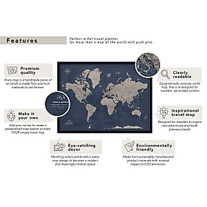 Framed Travel Map With Pins World Personalized | Premium Push Pin Travel Map | Various Color and Size Options | 24" x 32" up to 40" x 53"