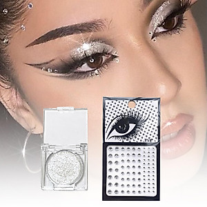 VOTACOS Silver Glitter Eyeshadow & 3Pcs Face Gems Stick on Set, Shimmer Cream Eye Shadow & Hair Jewels Face Rhinestones, Single Eyeshadow Palette & Body Gems Diamonds for Eye Makeup
