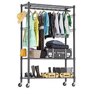 BATHWA Heavy Duty Clothes Rack Garment Rack Clothing Racks for Hanging Clothes 3 Tier Wardrobe Rack Clothing Storage Rack with 360° Lockable Wheels, 1 Hanging Rod and 4 Hooks, 190 cm/74.8'' Height