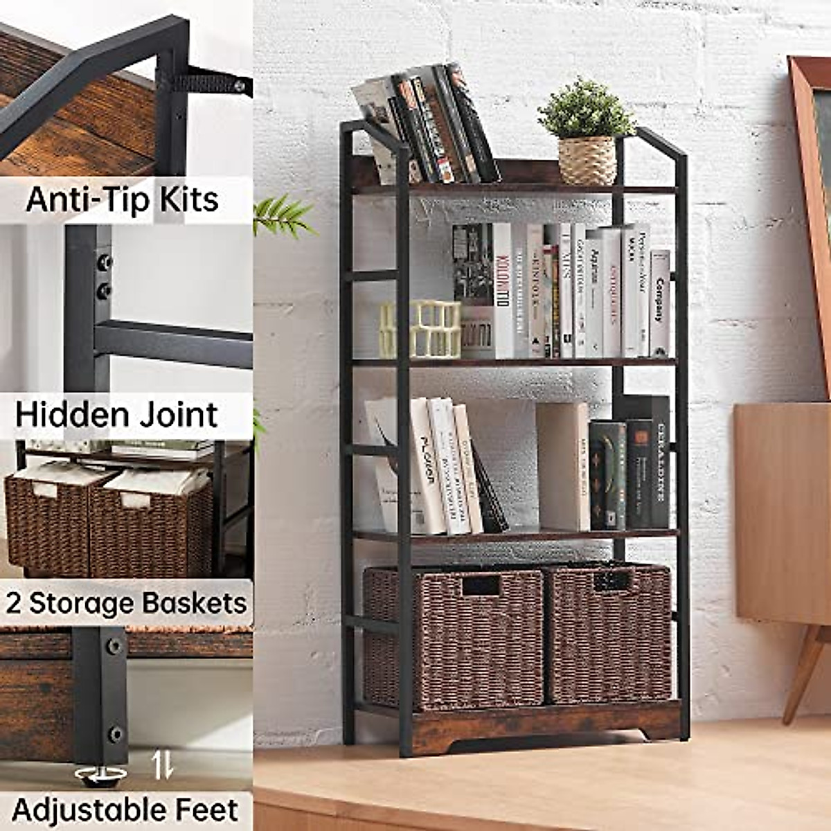 Vagusicc 4 Tier Bookshelf with 2 Storage Baskets, Tall Bookcase Shelf Storage Organizer Wood Book Shelf, Modern Shelf Rack Shelves with Steel Frame, Multipurpose Bookshelf for Bedroom Living Room