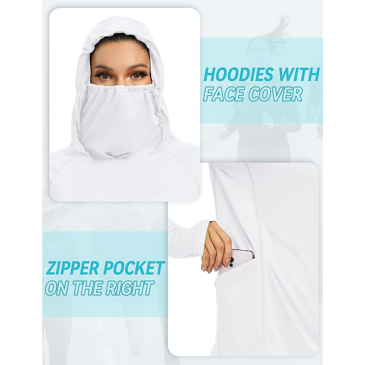 IUGA SPF Shirt Women Sun Protection Clothing UPF 50+ Hoodie with Face Cover UV Hiking Long Sleeve Shirts Lightweight Outdoor White