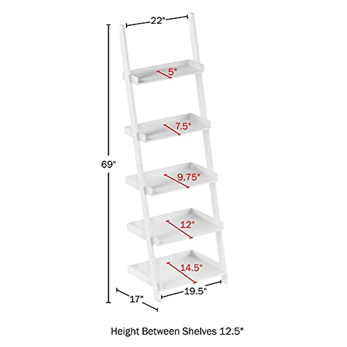 Lavish Home Ladder Bookshelf – 5-Tier Leaning Shelf Stand for Decorative Display - Living Room, Bathroom, or Kitchen Shelving Unit (White)