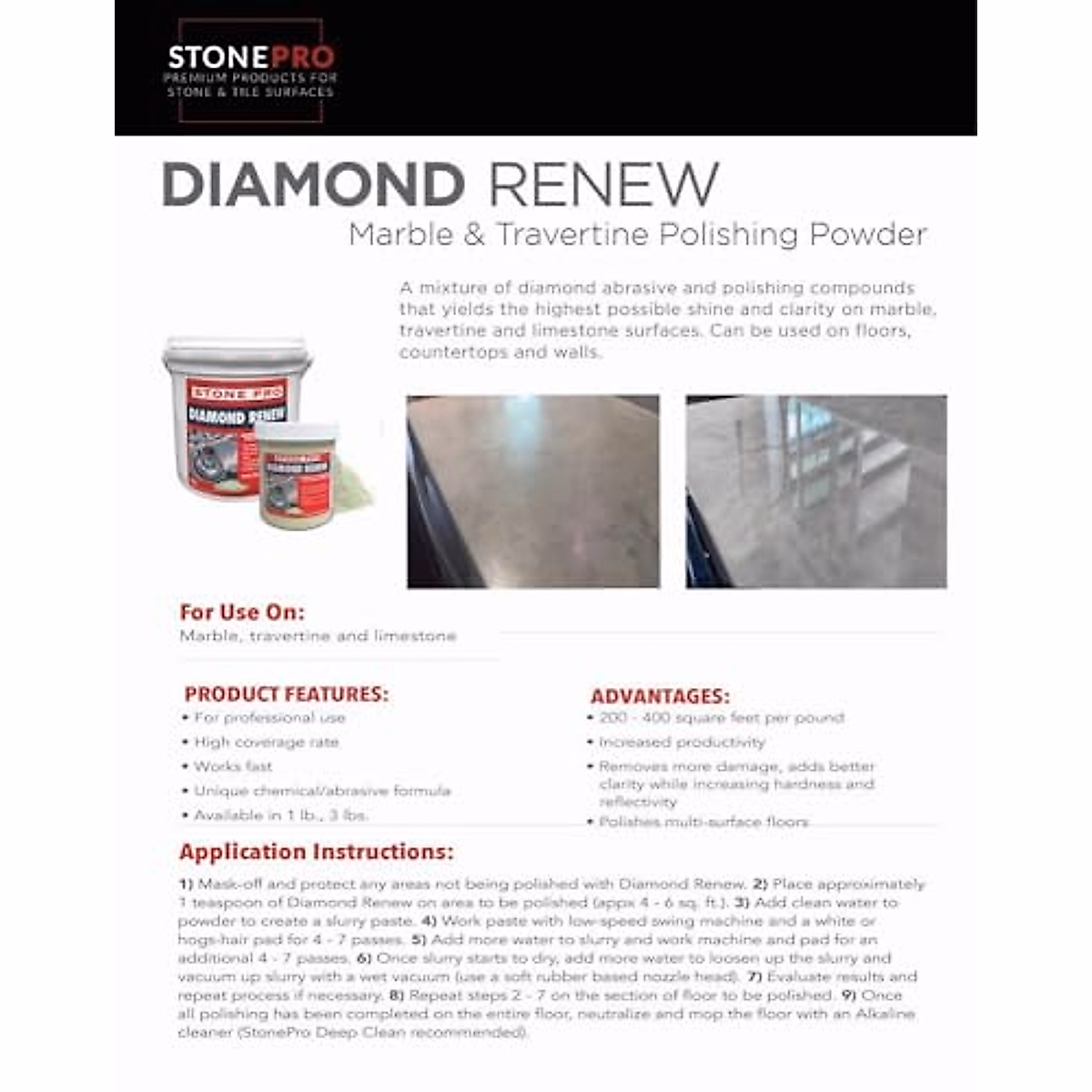 Diamond Renew Polishing Powder - Diamond Abrasive for Marble, Travertine & Limestone - Professional Grade - Restores & Enhances Shine - Easy to Use (1 lb)