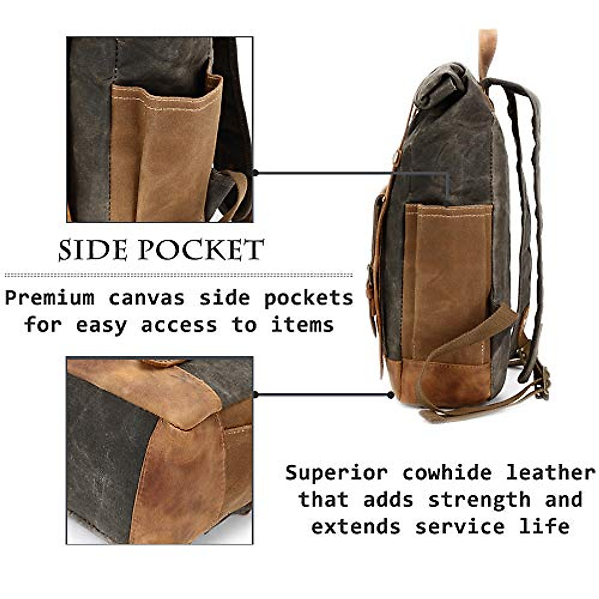 Mwatcher Canvas Leather Backpack Waterproof Rucksack for College Weekend Travel Fit 15in laptops