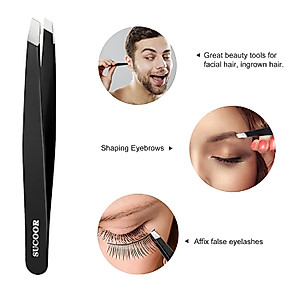 SUCOOR professional stainless steel inclined tweezers, suitable for men and women, high precision, professional removal of ingrown hairs, plucking, hair removal, easy to carry outer packaging(1Pack).