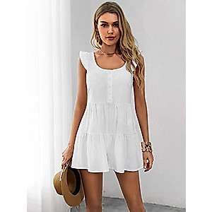 Umenlele Women's Summer Tiered Ruffle Hem Cap Sleeve Short Jumpsuit Romper White Medium