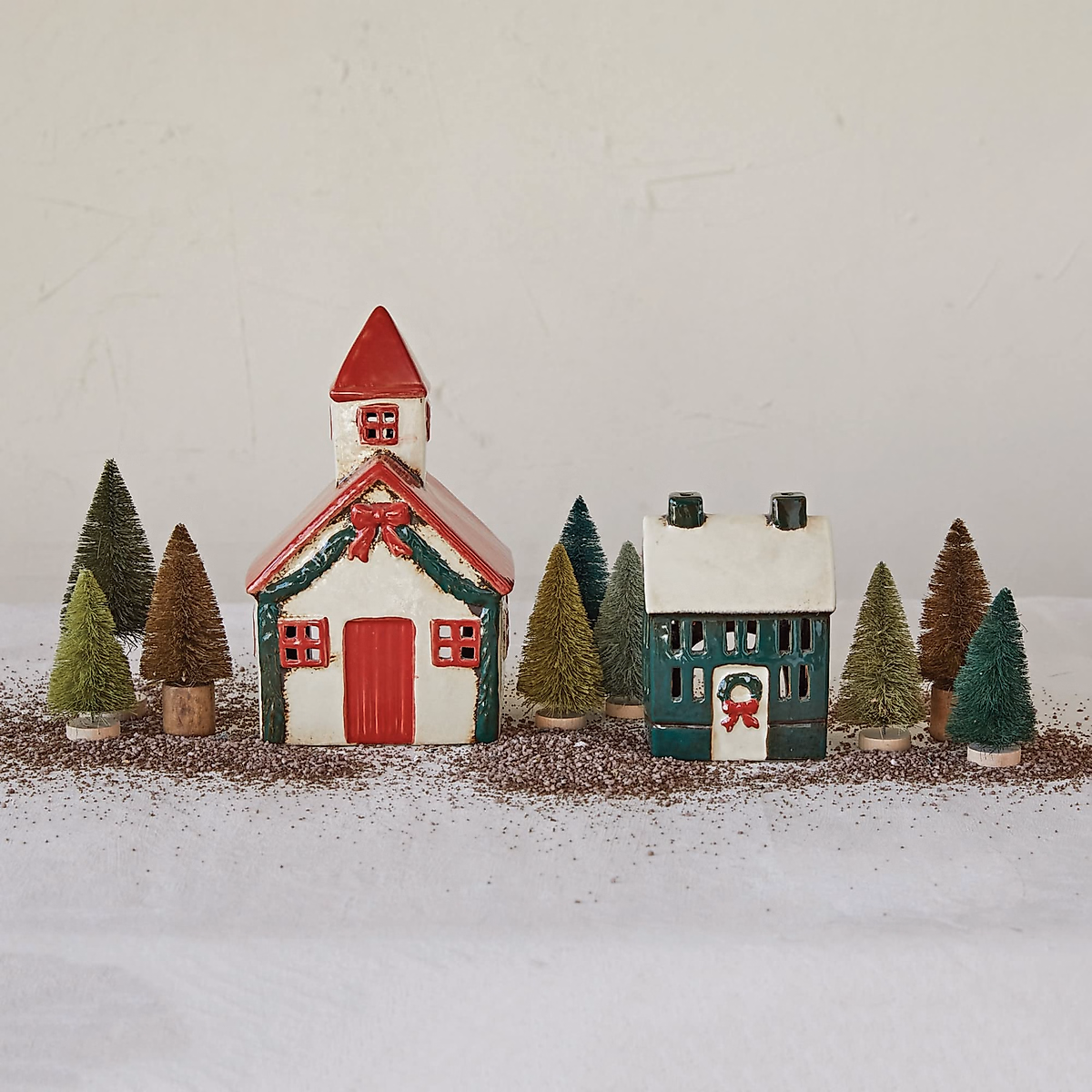 Creative Co-Op 4' L x 3-1/4'W x 5-1/2'H Hand-Painted Stoneware House, Reactive Glaze, Green, Cream Color & Red (Each One Will Vary)