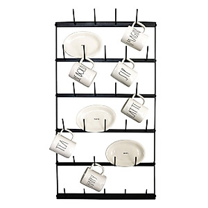 Wall Mounted Coffee Mug Rack - Large Rustic Black Iron Steel Kitchen Rack with 6 Rows - Storage for 27 Cups - Jar & Plate Holder - Vertical Display Organizer - Farmhouse Home Décor - Claimed Corner