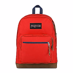 JanSport Right Pack Backpack - Travel, Work, or Laptop Bookbag with Leather Bottom, Red Tape