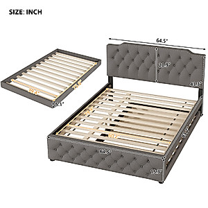 JIVOIT Queen Size Upholstered Platform Bed with Twin Trundle and 2 Sets of USB Ports on Each Side, Linen Fabric Upholstered Bed with Button-Tufted Headboard and Footboard (Gray,Trundle,USB Ports)