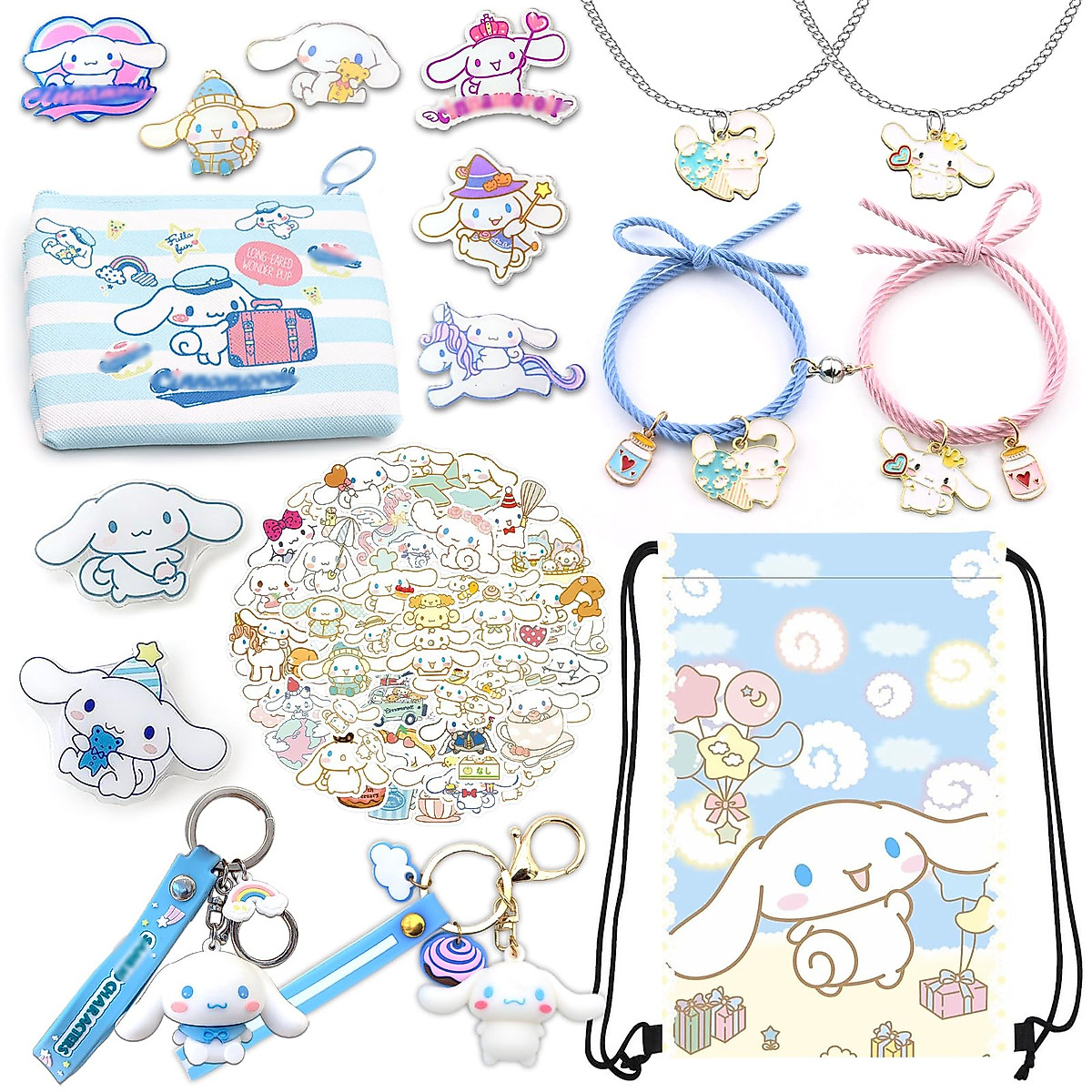 Ohjijinn Gift Set for Girls, Including 1 Drawstring Bag 1 Change Purse 2 Keychains 2 Bracelets 2 Necklaces 2 Ring Holders 6 Badges 40 Stickers