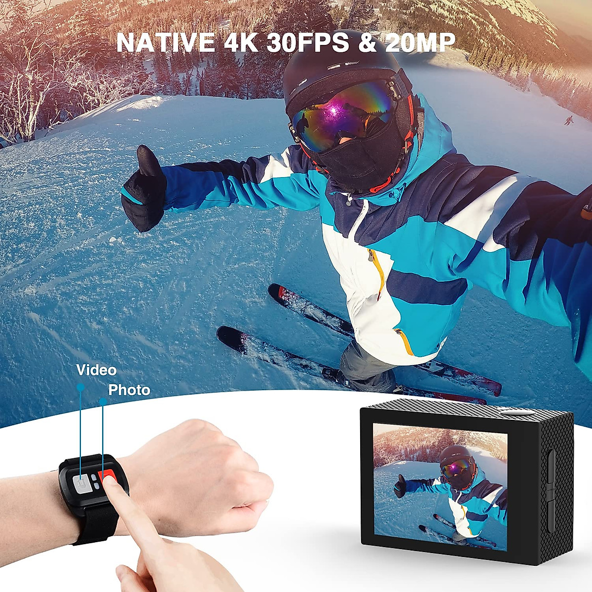 GOTCAM UHD 4K WiFi Action Camera 20MP Underwater 131FT Waterproof Camera 2inch Color Screen 170° Wide Angle EIS Sports Cam with External Mic Remote 2 Batteries and Helmet Accessories Kit, Black