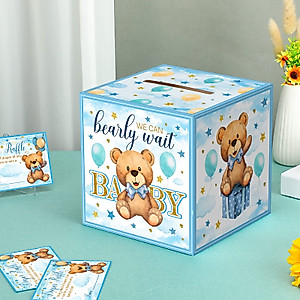 Spakon 51 Pieces Bear Diaper Raffle Tickets with Diaper Raffle Card Box for Baby Shower Decorations Diaper Raffle Sign Blue Bear Themed Insert Card Advice and Wishes Diaper Raffle Insert Ticket