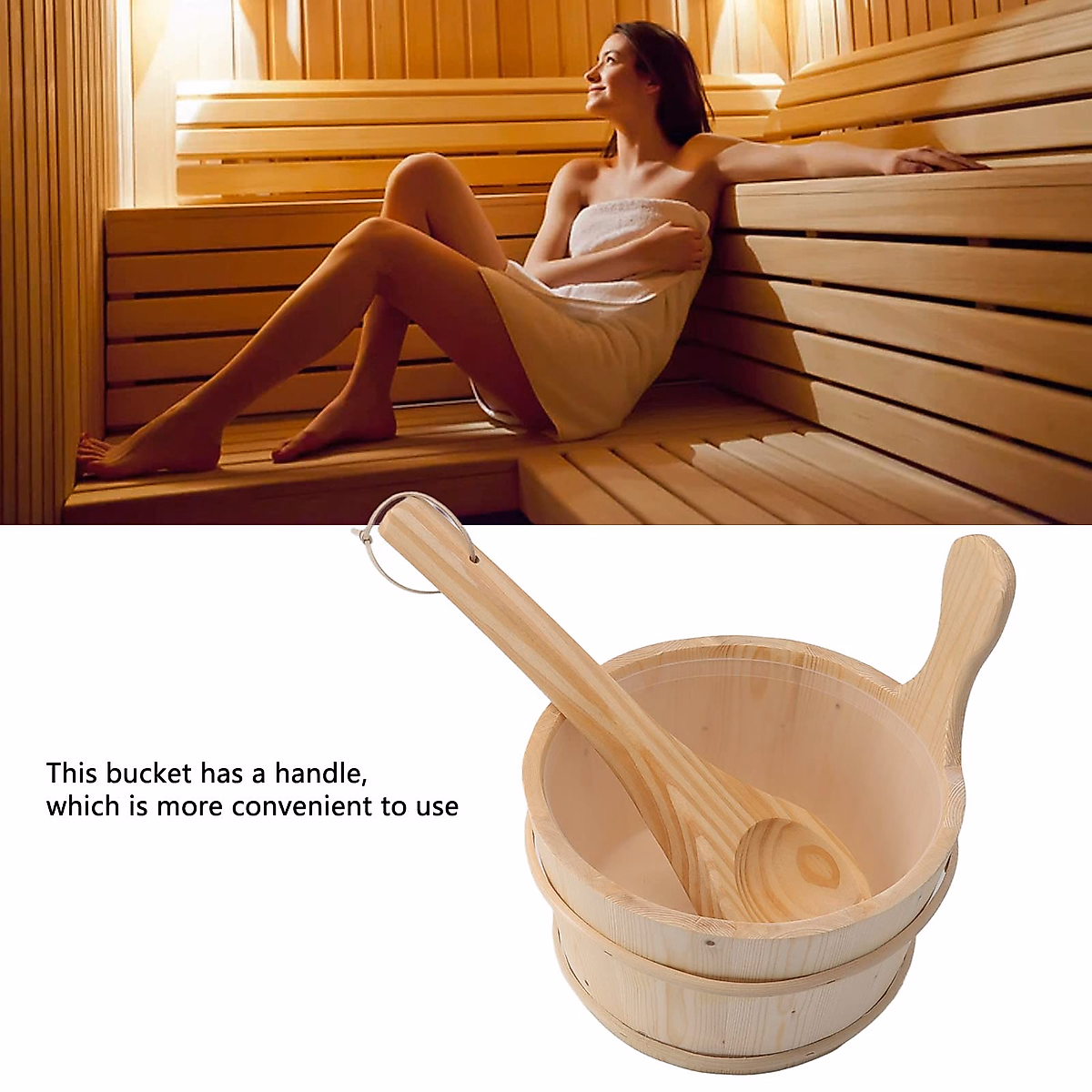 BestAlice Sauna Bucket and Ladle Set, 1 Gallon (4L) Handmade Wooden Sauna Bucket with Plastic Liner and Handle, Hot Tub Barrel Sauna Accessories for SPA Swimming Pool Massage Bathtub