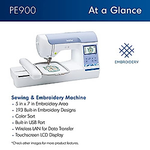 Brother New Model PE900 Embroidery Machine, Wireless LAN Connected, 193 Built-in Designs, 5" x 7" Hoop Area, Large 3.7" LCD Touchscreen, USB Port, 13 Font Styles, White