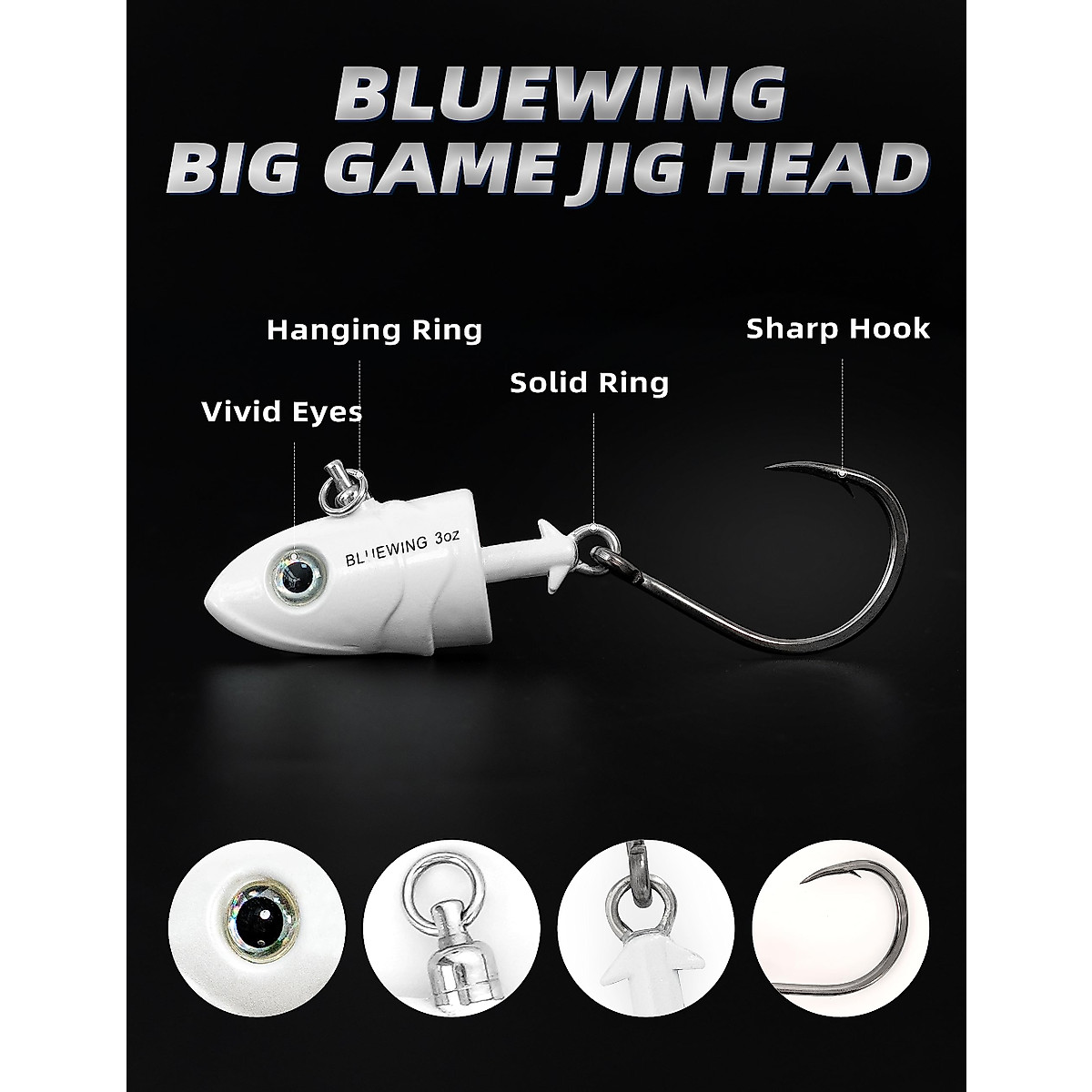 BLUEWING Big Game Swing Hook Jig Head with High Strength Stainless Steel Ball Bearing Swivel and High Carbon Steel Hook 1pc Saltwater Fishing Lures Lead Jighead, White 3oz
