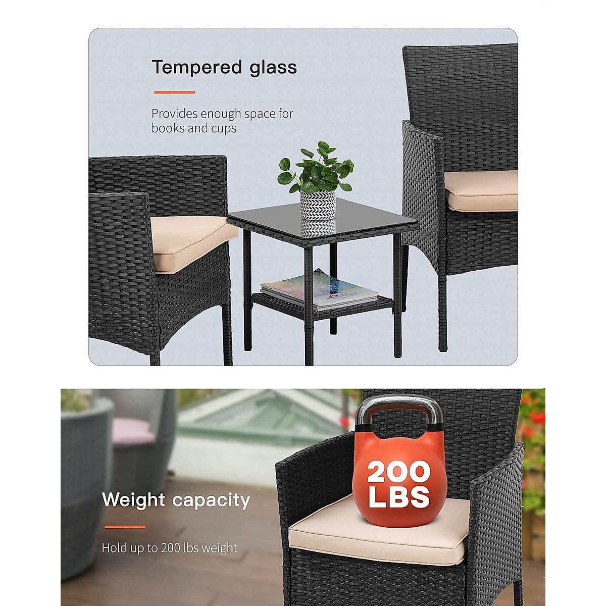 FDW Patio Furniture Sets,3 Pieces Outdoor Wicker Bistro Set Rattan Chair Conversation Sets with Coffee Table for Yard/Backyard Lawn Porch Poolside Balcony,Black