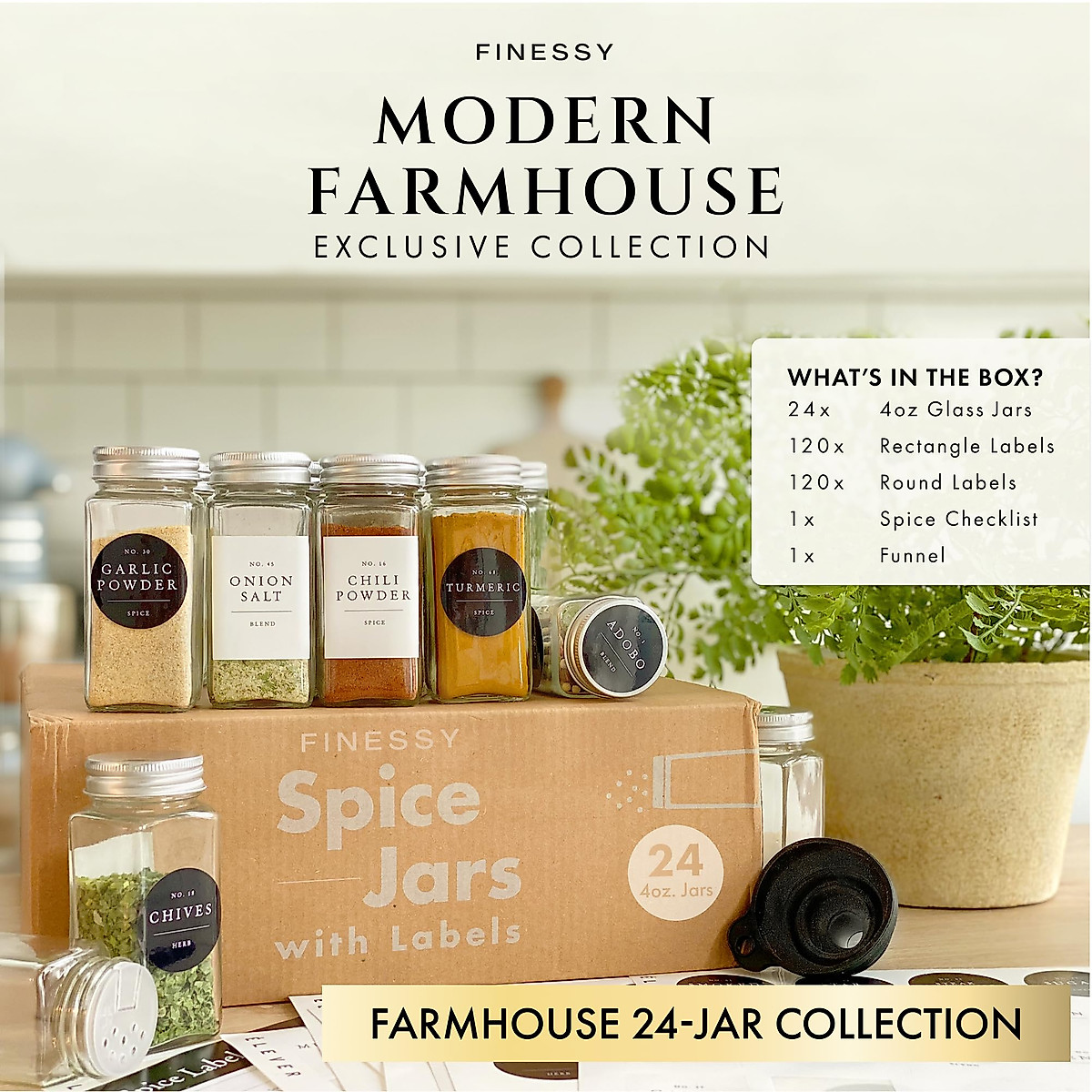 FINESSY Empty Glass Spice Jars with Label 24 Pack, 4 oz Glass Spice Jars with Shaker Lids, Spice Bottles Empty Glass with Labels, Glass Spice Containers with Labels and Lids, Seasoning Containers