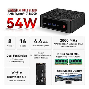 Beelink Mini PC, AMD Ryzen 7 5800H (8C/16T, up to 4.4GHz, 54W TDP), Mini Computer 16GB DDR4 1TB PCIe3.0 SSD, Support 4K@60Hz Triple Display/WiFi 6/BT5.2/USB3.2/Gaming/Office/Home Desktop PC