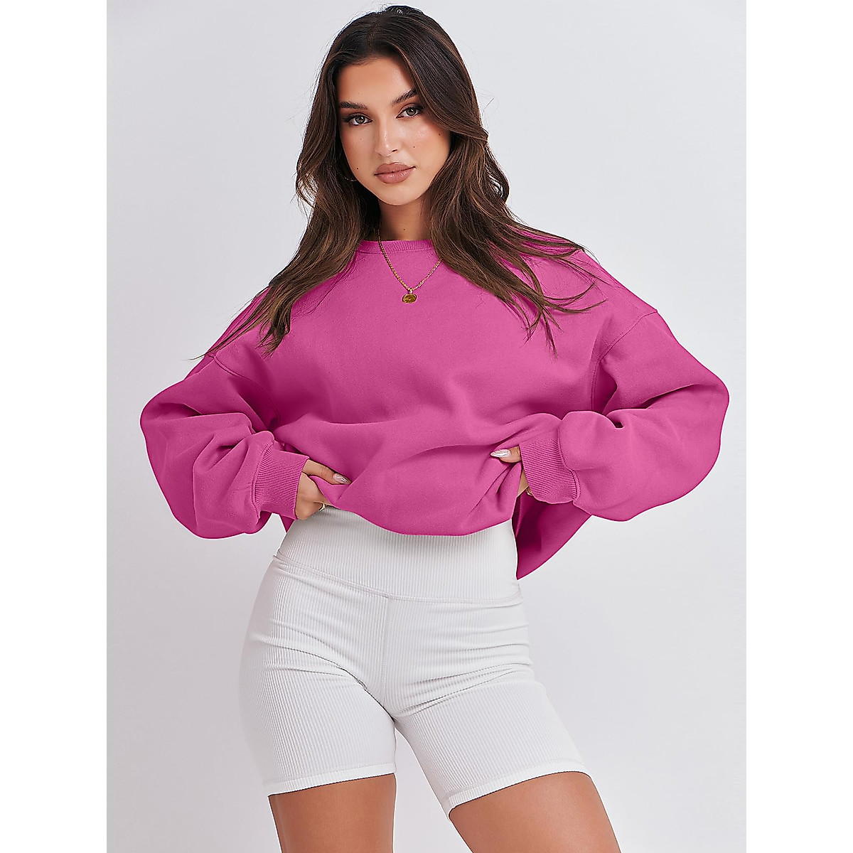 ANRABESS Women's Sweatshirts Hoodies Crewneck Oversized Fleece Pullover Sweaters Cute Top Y2K Teen Girls Preppy Clothes 2024 Hot Pink Large