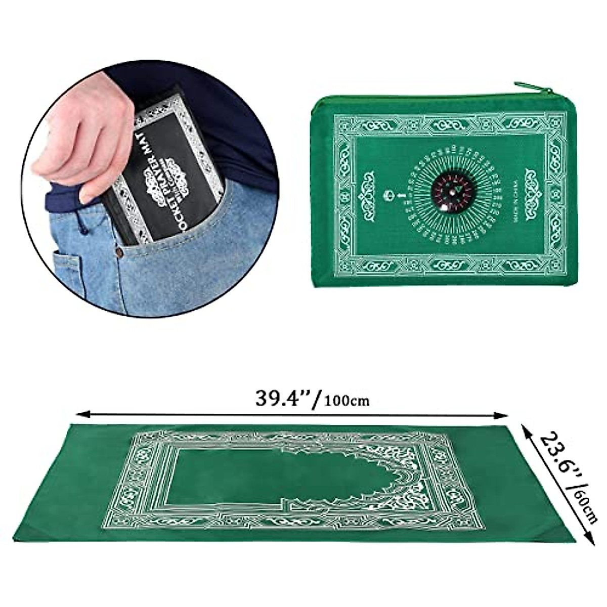 Muslim Prayer Rug Soft Namaz Sajadah Travel Prayer Mat with Compass Water Resistant Praying Carpet for Ramadan, Light Green