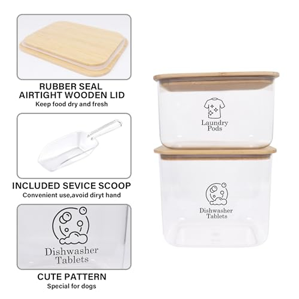 Xbopetda Laundry Pods Container Dishwasher Pods Holder, Acrylic Laundry Powder Detergent Dispenser Dishwasher Tablets Container, Sealing Lid and Scoop, Kitchen Storage Laundry Room Organizer - Clear