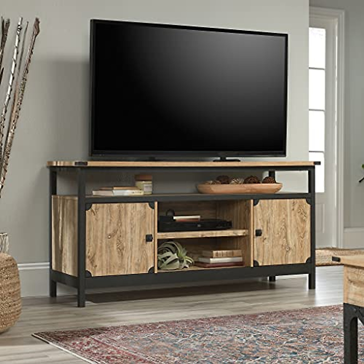 Sauder Steel River TV Stand with Doors, L: 60.24" x W: 19.09" x H: 29.72", Milled Mesquite Finish