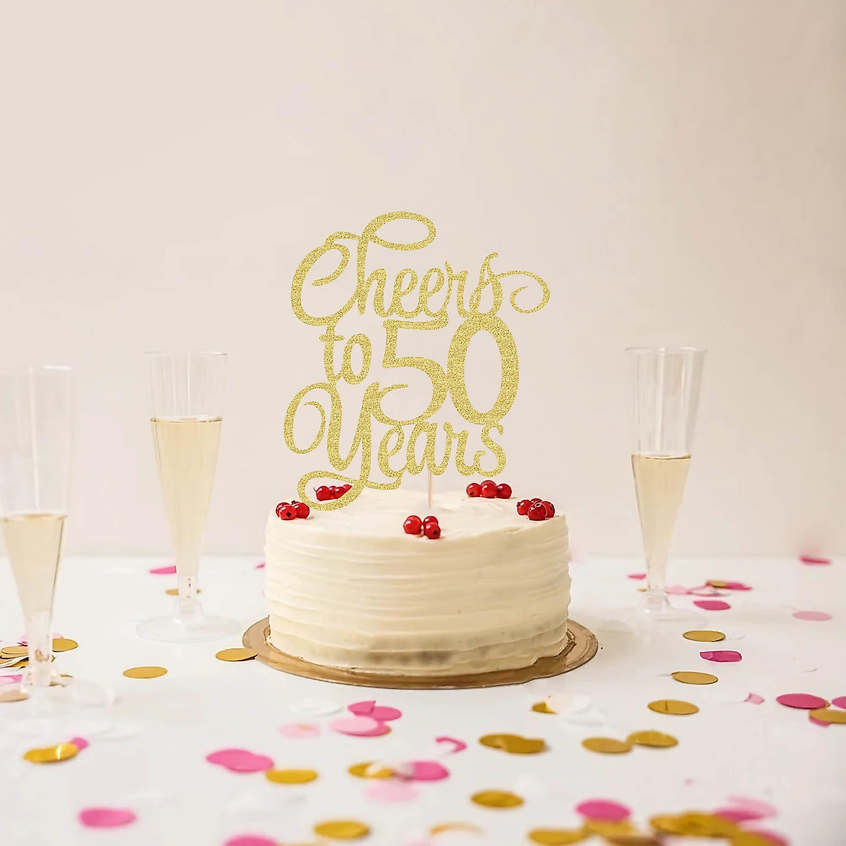 AHAORAY Cheers to 50 Years Cake Topper - Gold Glitter 50th Birthday Cake Decorating Supplies, Perfect for 50th Anniversary or Fifty Birthday Party, Photo Booth Props