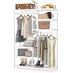 Tribesigns Free-standing Closet Organizer with 2 Hanging Rod, Garment Rack with 5 Storage Shelves for Bedroom (All White)