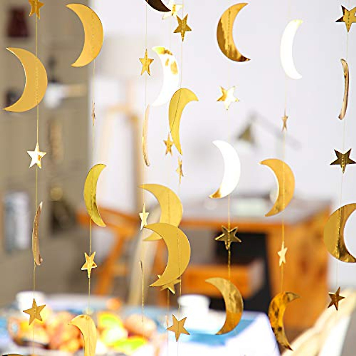Glitter Star Moon Garland Banner Decoration, 130 Feet Gold Bright Star Moon Paper Garland Hanging Bunting Banner Backdrop for Graduation Class Congrats Grad Party Decoration