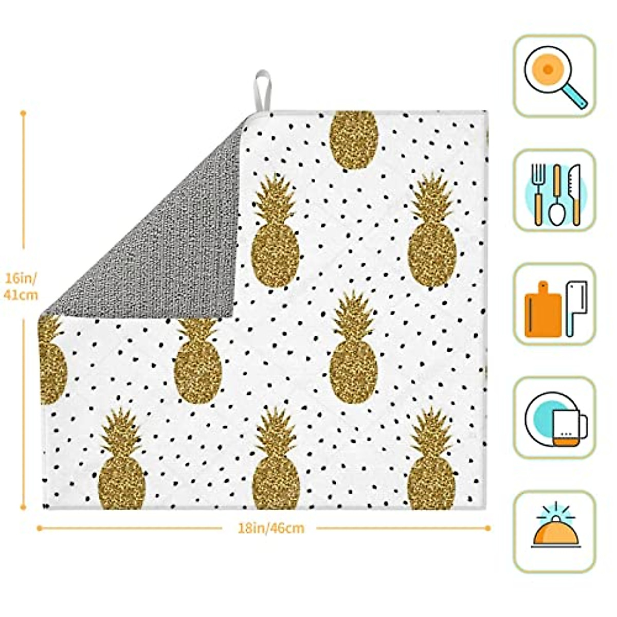 Gold Glitter Pineapples Fruit Printed Drying Mat For Kitchen Ultra Absorbent Microfiber Dishes Drainer Mats Non-Slip Silicone Quick Dry Pad - 18 X 16inch