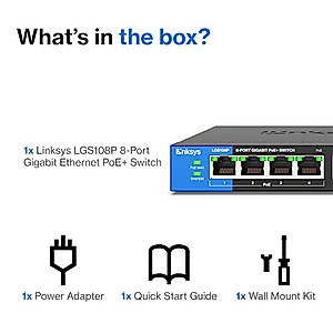 Linksys LGS108P 8 Port Gigabit Unmanaged Network PoE Switch with 4 PoE+ Ports @ 50W - Ideal for Business, Home, Office, IP Surveillance - Desktop Ethernet Switch Hub with Metal Housing