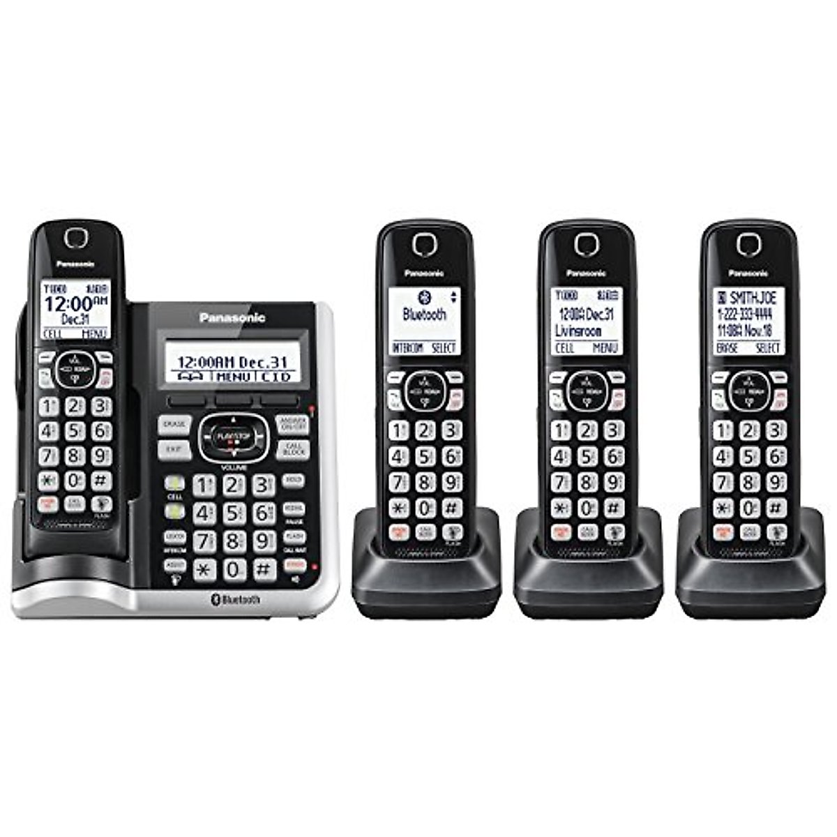 PANASONIC Link2Cell Bluetooth Cordless Phone System with Voice Assistant, Call Blocking and Answering Machine. DECT 6.0 Expandable Cordless System - 4 Handsets - KX-TGF574S (Silver)