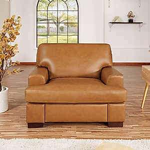 Naomi Home Siggy Genuine Leather Sofa for Living Room, Bedroom - Chair, Sofa - Luxurious Comfort, Goose Feather Cushion Filling, Square Arm Design, Sturdy Block Legs, Elegant, Tan