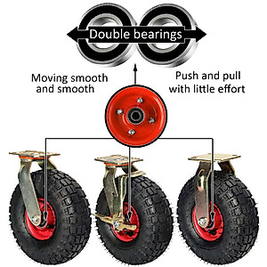 8/10-Inch Heavy Duty Fixed Caster, No Noise Swivel Castors with Brakes, 4pcs Shock Absorption Pneumatic Caster Wheel for Hand Truck/Trolley/Garden Utility Wagon Cart