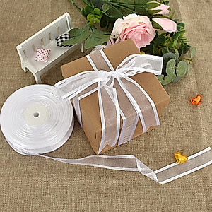 TONIFUL 1 Inch x 25 Yards White Sheer Organza Ribbon with Satin Chiffon Ribbon for Gift Wrapping Wedding Birthday Party Decoration Craft Bow Christmas Valentine's Day Floral Flower Wrapping Ribbons