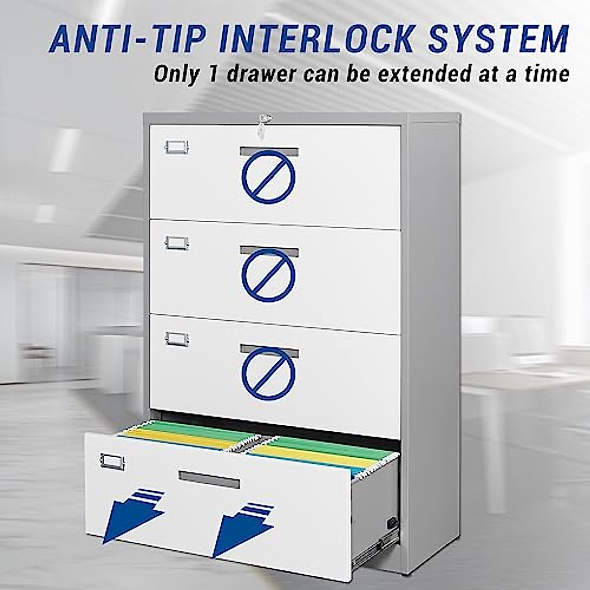 Fesbos 4 Drawer Lateral File Cabinet with Lock, Metal Steel Filling Cabinets for Home Office, Lockable Storage Cabinet for Hanging Files Letter/Legal/F4/A4 Size-Assembly Required