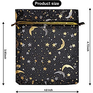 100 PCS 4.0x4.7 Inches Moon Star Printed Orchid Organza Bags Candy Gift Bags Stars and Moon Black Bag,Makeup Organza Favor Bags,Net gift Bags,Drawstring goody bags for Party, Jewelry, Festival