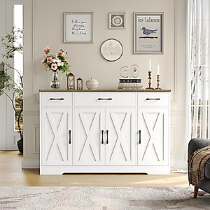 HOSTACK Buffet Cabinet with Drawers, 55" Large Sideboard Buffet Storage Cabinet with Shelves and Doors, Modern Farmhouse Coffee Bar Cabinet Wood Buffet Table for Kitchen, Dining Room, White/Rustic