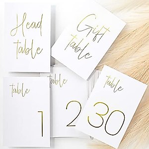 Gorgeous Gold Wedding Table Numbers - Modern Double Sided Lettering with Head Table Card - 4 x 6 inches and Numbered 1-30 - Perfect for Weddings and Events